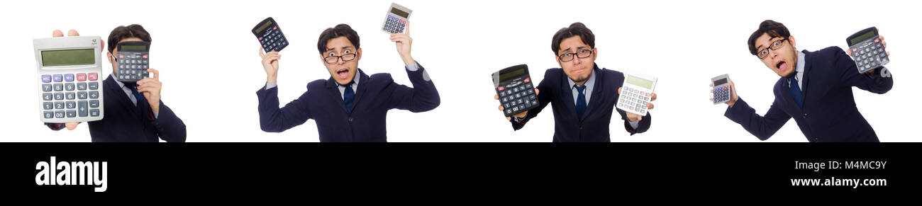 Funny man with calculator isolated on white Stock Photo - Alamy