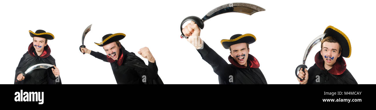 Young pirate holding sword isolated on white Stock Photo - Alamy