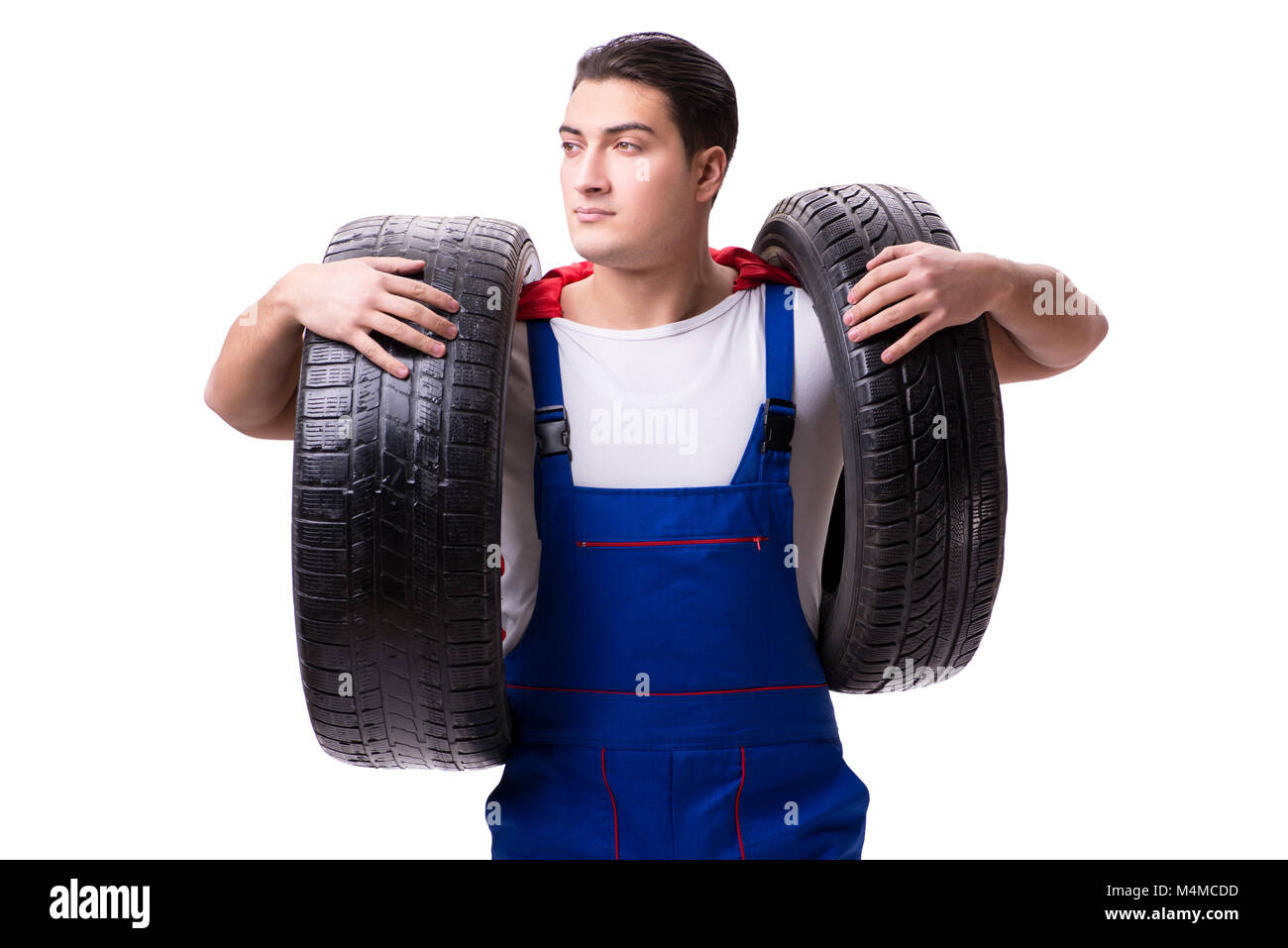Superhero man with tyre isolated white background Stock Photo - Alamy