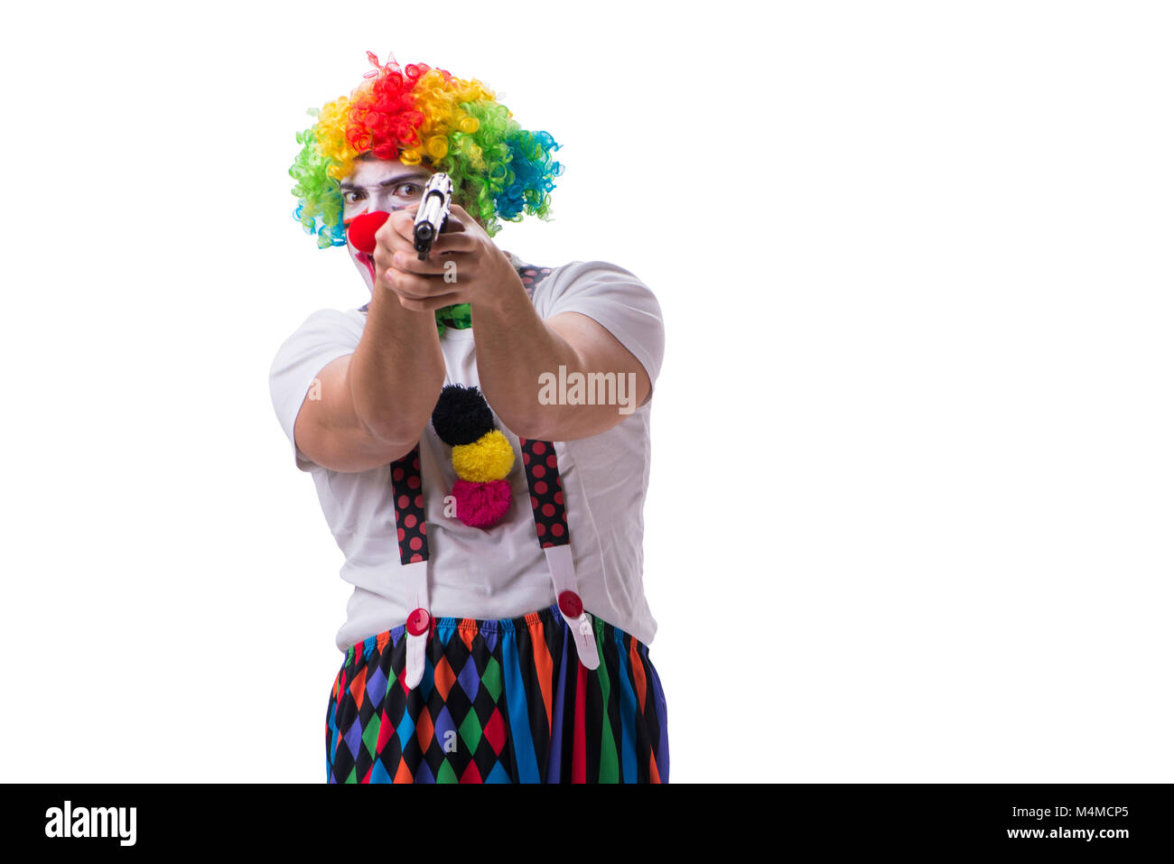 Funny clown with a gun pistol isolated on white background Stock Photo ...