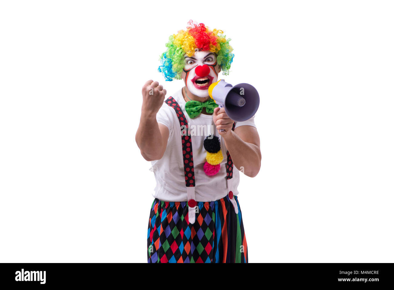 Funny clown with a megaphone isolated on white background Stock Photo ...