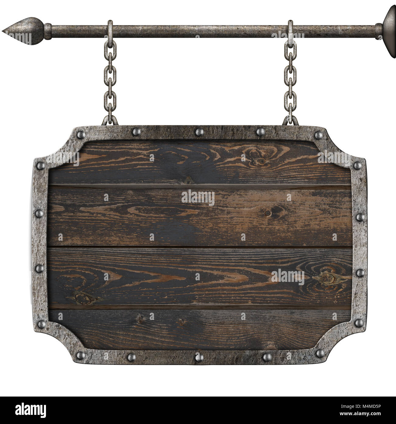 old wood medieval sign with chains 3d illustration Stock Photo - Alamy