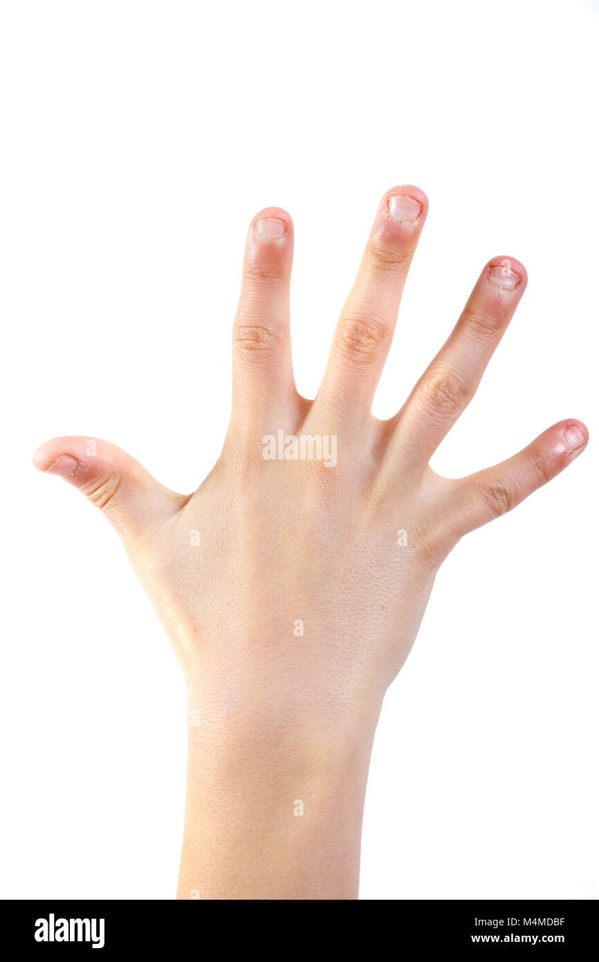 Young caucasian teenage boy's right hand, palm facing away camera ...
