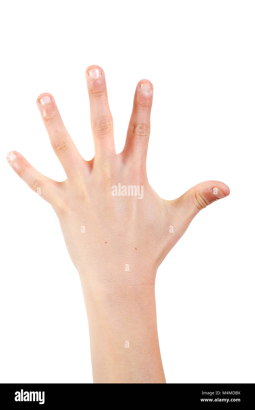 Young caucasian teenage boy's left hand, palm facing camera showing ...