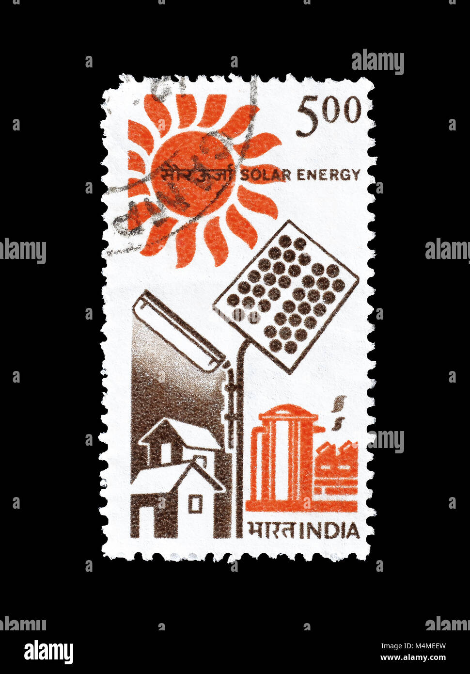 Cancelled postage stamp printed by India, that shows Use of solar ...