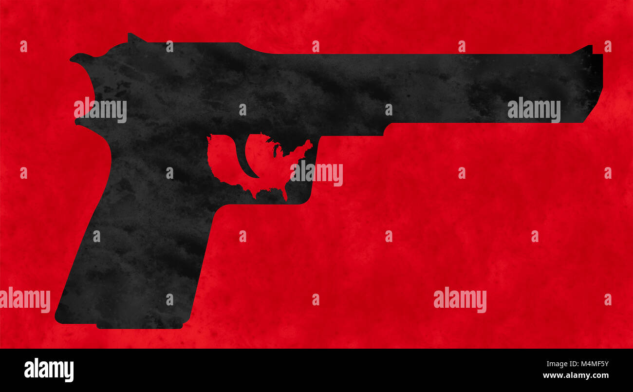 Gun and US map, profile of a gun, silhouette. Red background, stained ...