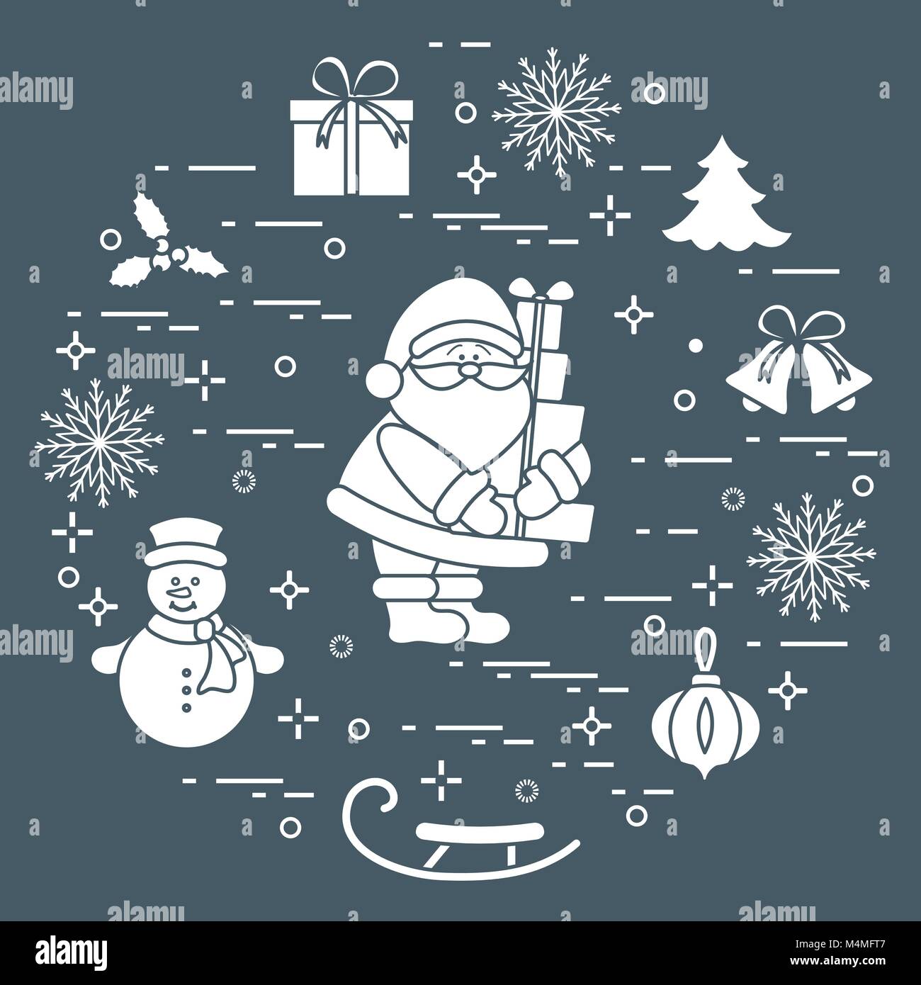 Santa Claus with presents and other New Year and Christmas symbols ...