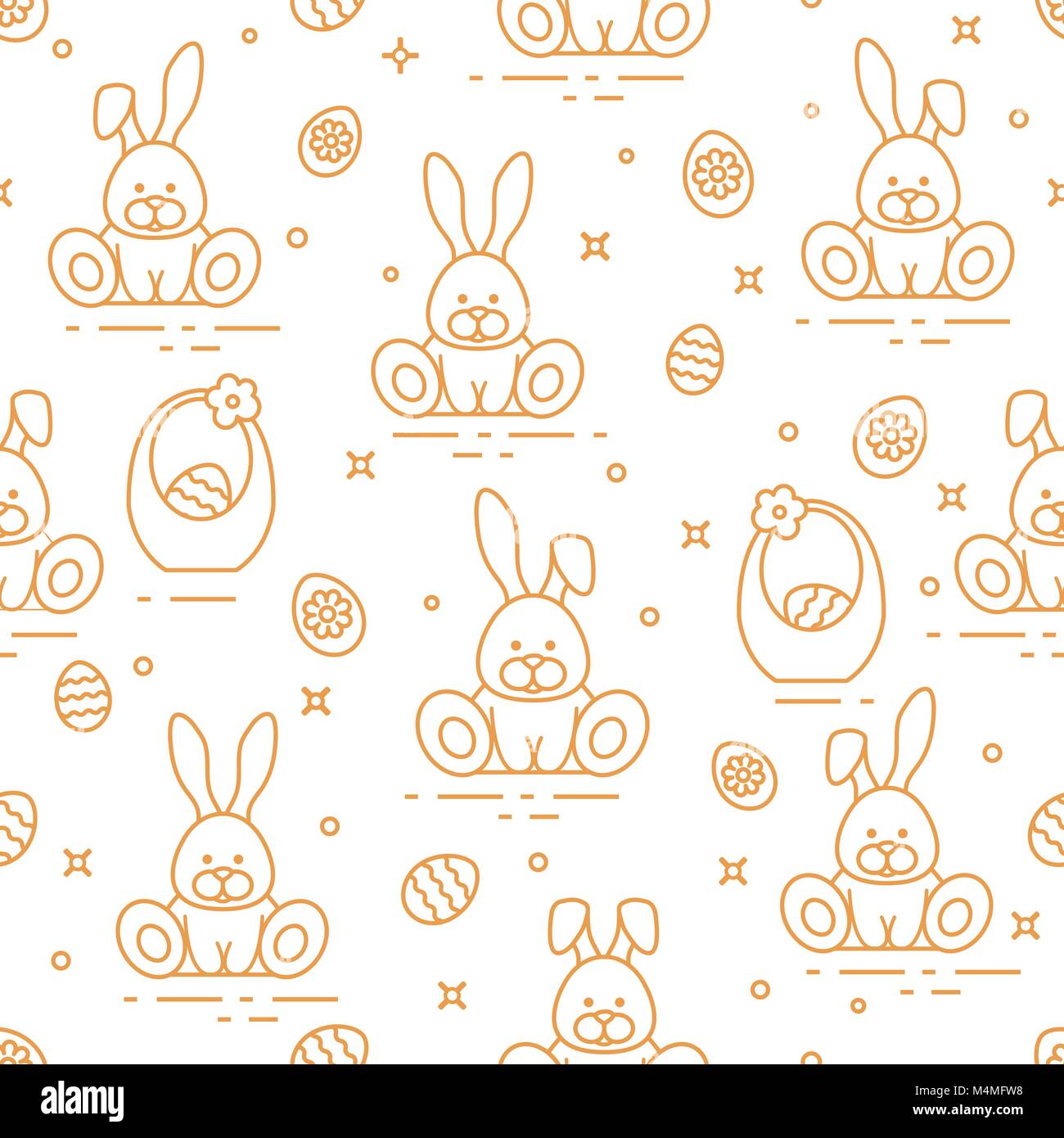 Seamless pattern with Easter symbols. Rabbits, eggs, baskets of decorated eggs Stock Vector ...