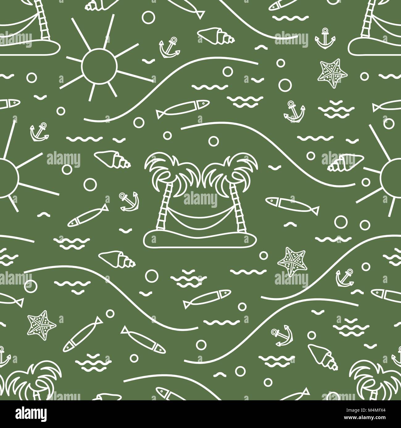Cute seamless pattern with fish, island with palm trees and a hammock ...