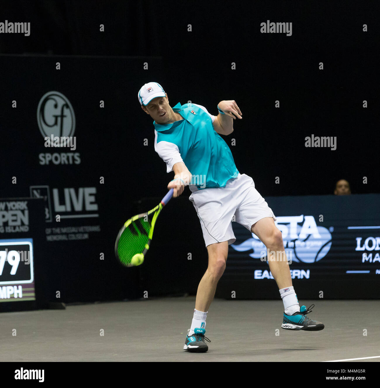 New York, United States. 16th Feb, 2018. Sam Querrey of USA returns ...