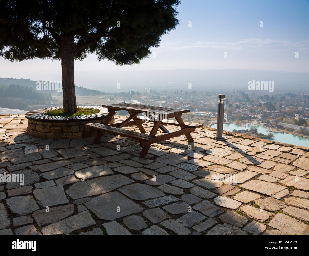 Old Wooden Cafeteria Table and Chairs under Big Tree Stock Photo - Alamy