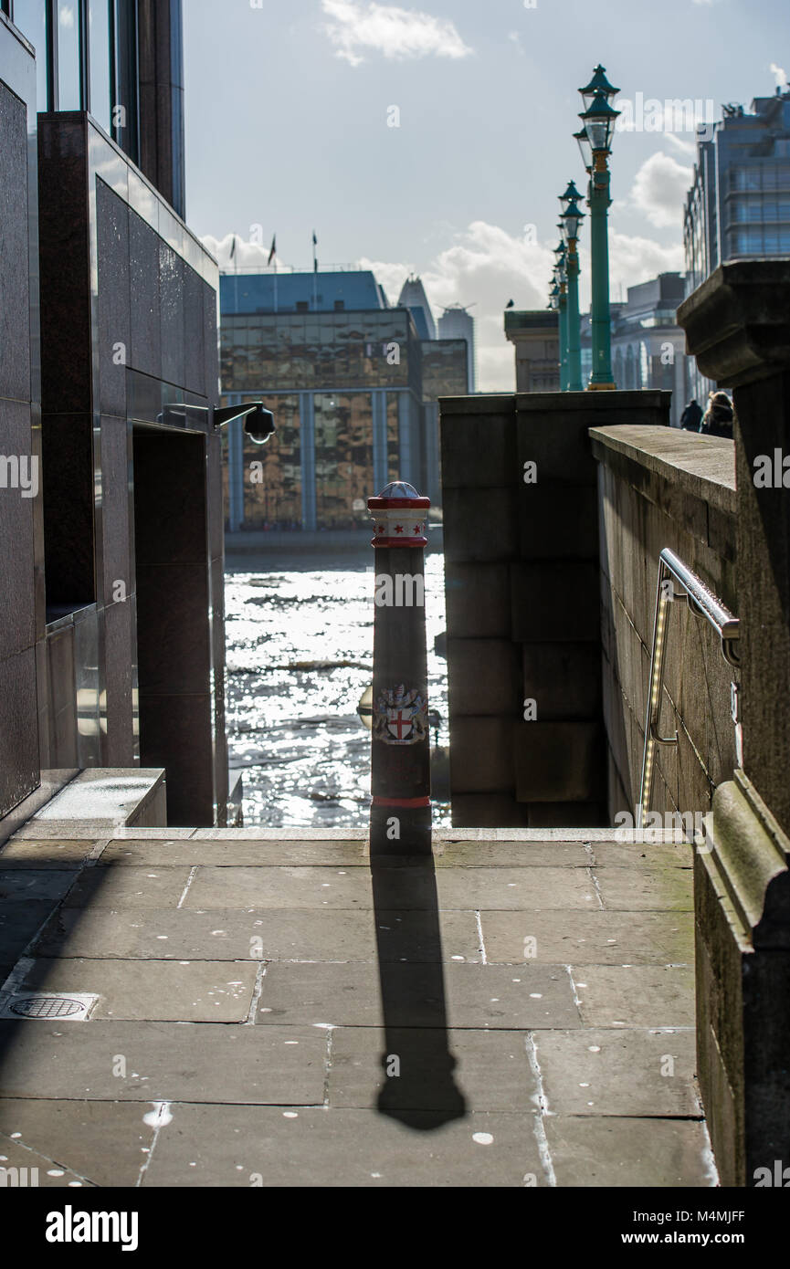 City of London Bollard at the steps leading down onto The Thames Path ...