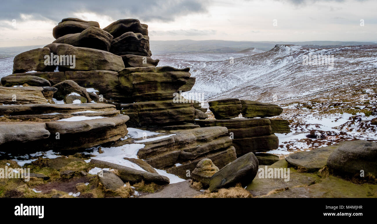 Winter view from the weathered tor at Pym Chair near Edale Head looking ...