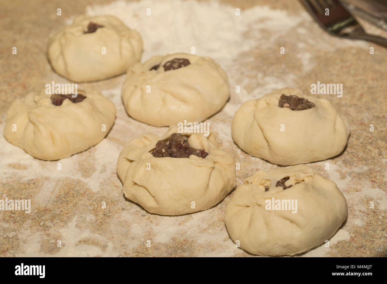 Traditional Russian pie with meat before baking (belyash). Copy space ...