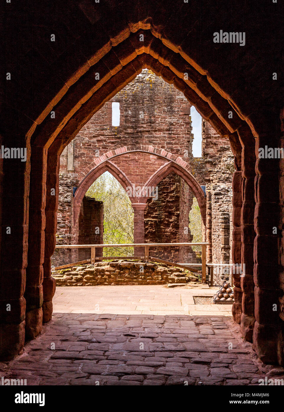 Gothic arched entrances to sections of medieval Goodrich castle in ...