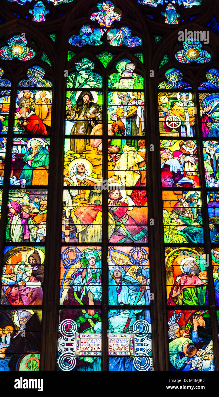 Prague, Czech Republic - October 9, 2017: Stained glass window by ...