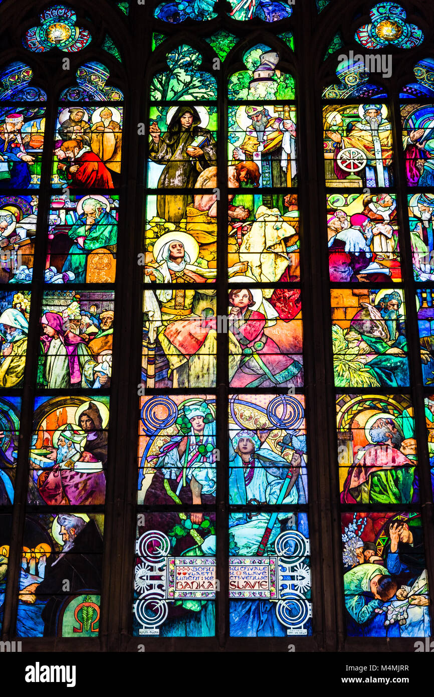 Prague, Czech Republic - October 9, 2017: Stained glass window by ...