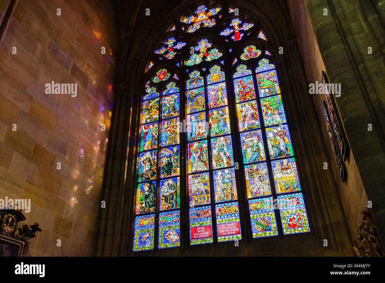 Prague, Czech Republic - October 9, 2017: Colorful religious stained ...