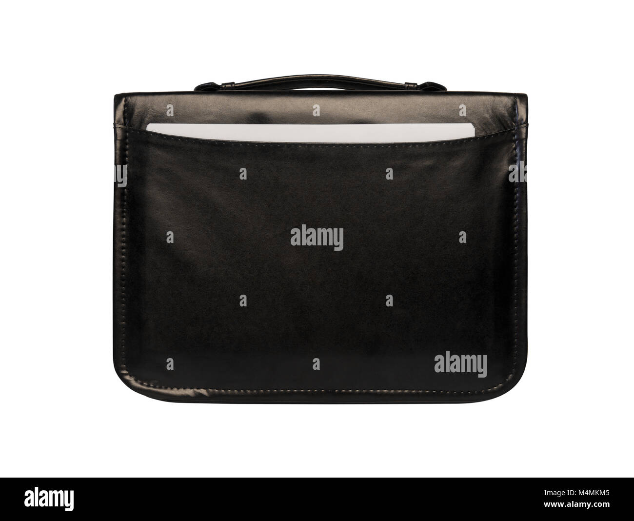 black leather briefcase with documents close-up isolated on white ...