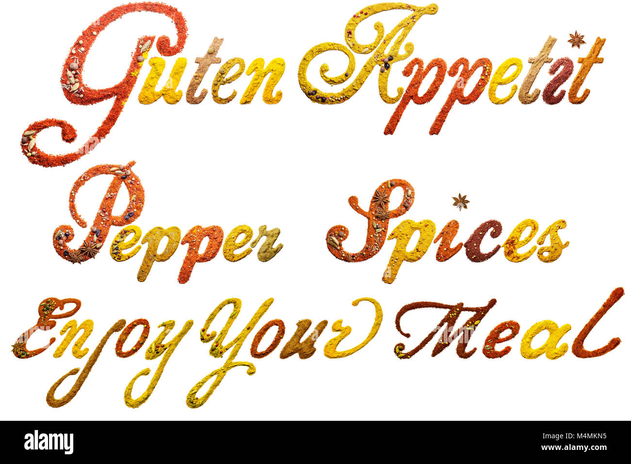 Creative concept food set of signs made of spices isolated on white ...