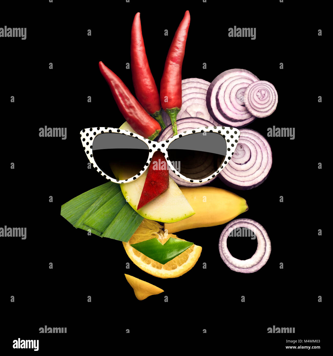 Quirky food concept of cubist style female face in sunglasses made of ...
