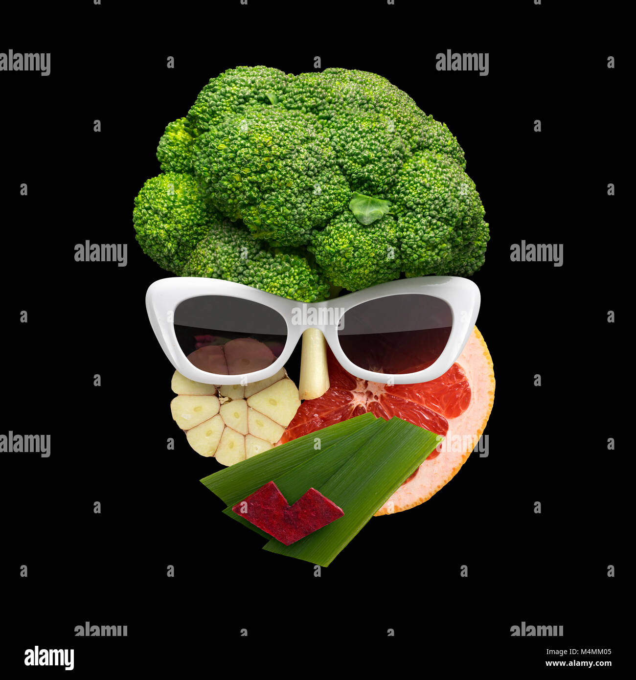 Quirky food concept of cubist style female face in sunglasses made of ...