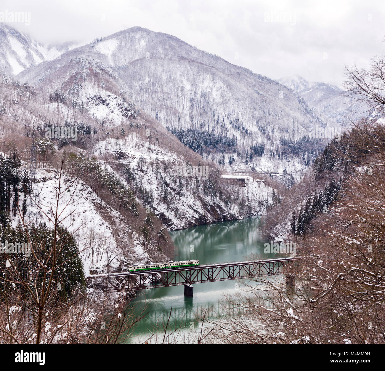 Train in Winter landscape snow on bridge Stock Photo - Alamy