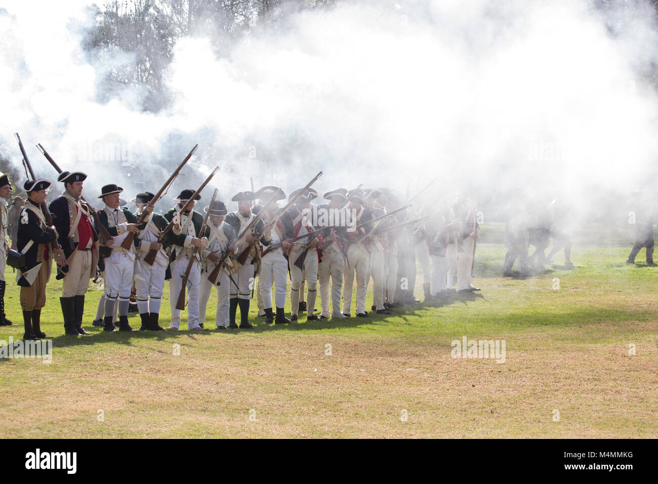 American army soldiers during a reenactment of the American revolution ...