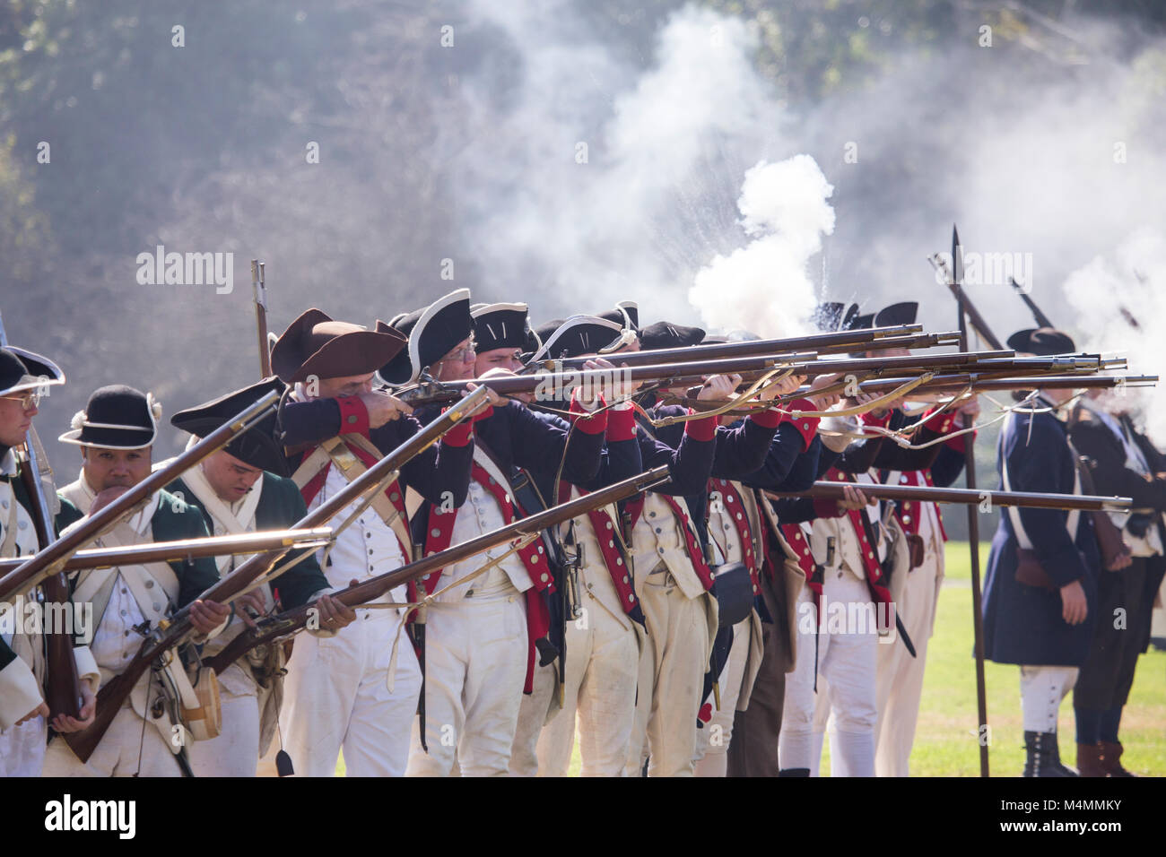 American army soldiers during a reenactment of the American revolution ...