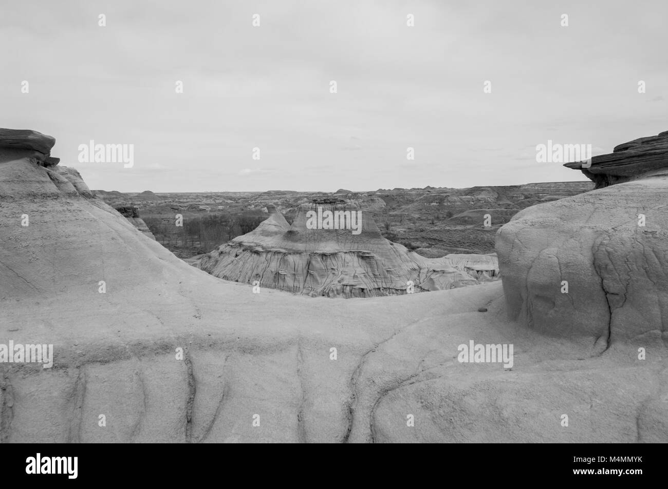 Landforms in Dinosaur Provincial Park, Alberta, Canada in monochrome; a ...