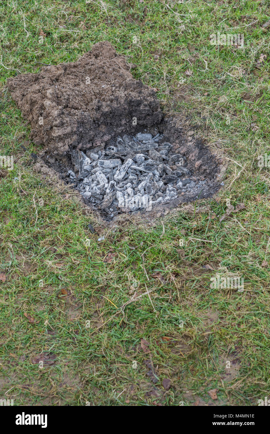 Grass turf cut away to form a shallow pit for a covert survival fire ...