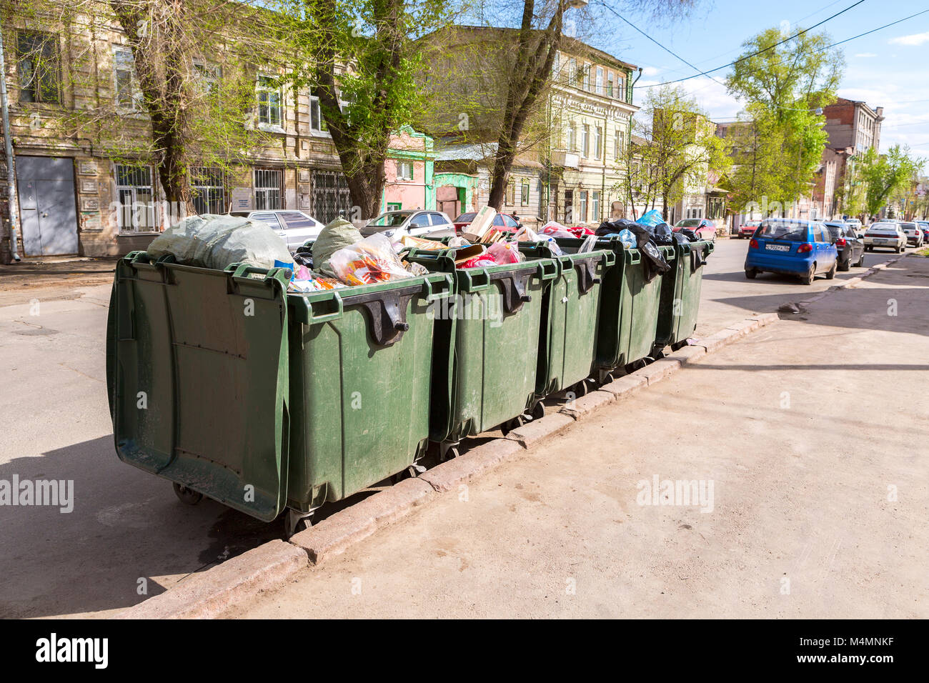 Samara, Russia - May 6, 2017: Opened green plastic recycling containers ...