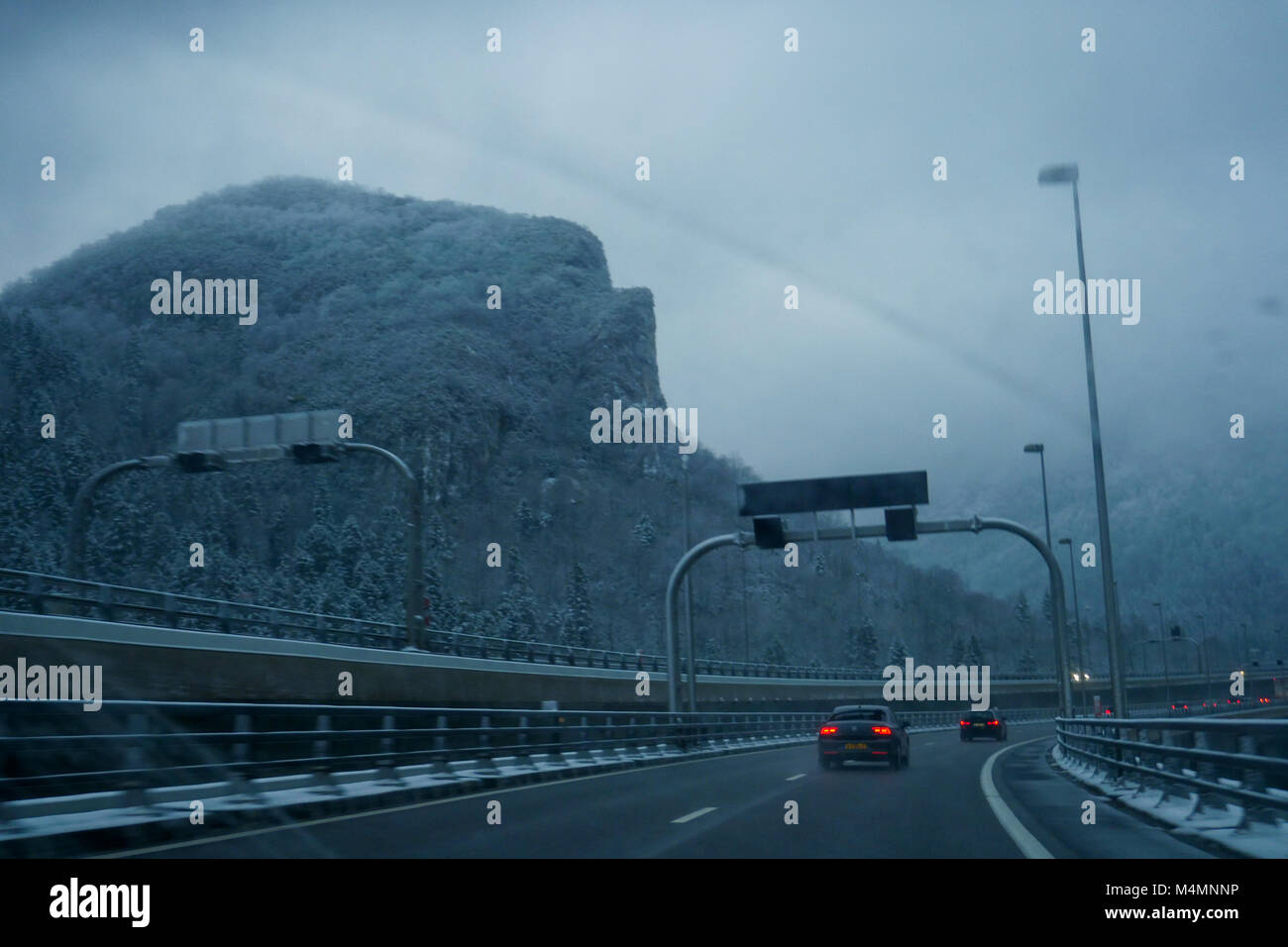Car driving in winter, A40 Highway, Ain, France Stock Photo - Alamy