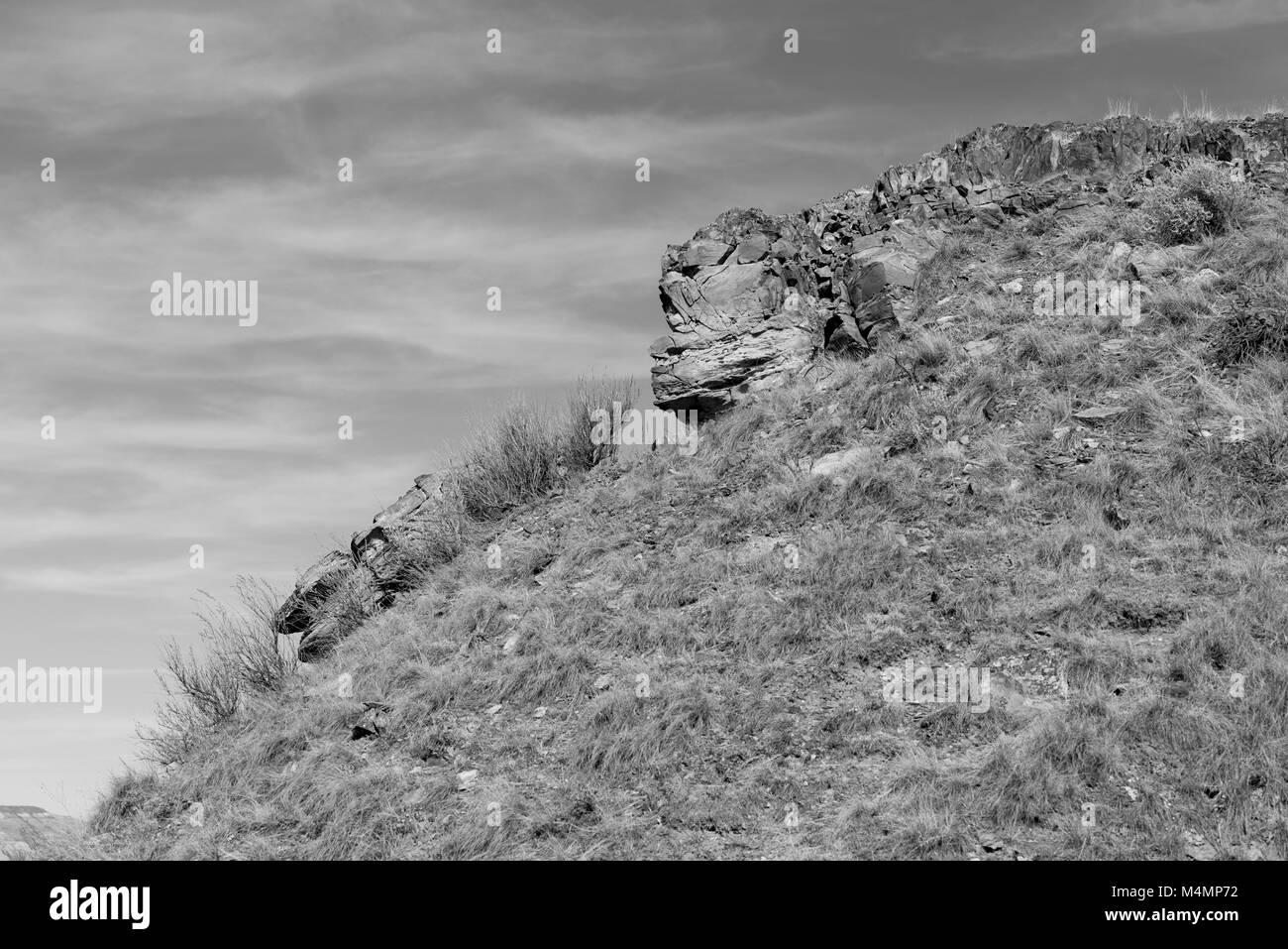 Landform in Dinosaur Provincial Park, Alberta, Canada in monochrome; a ...