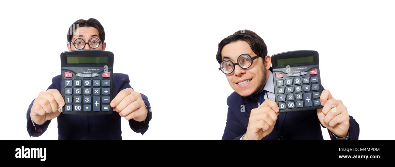 Funny man with calculator isolated on white Stock Photo - Alamy