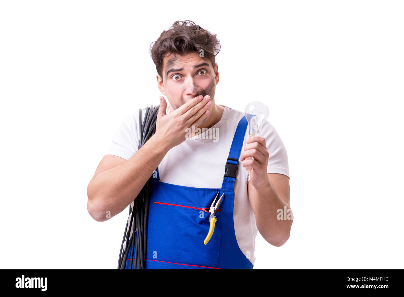 Funny man doing electrical repair Stock Photo - Alamy