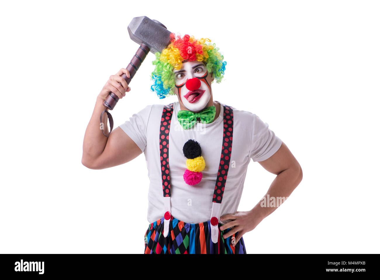 Funny clown with a hammer isolated on white background Stock Photo - Alamy
