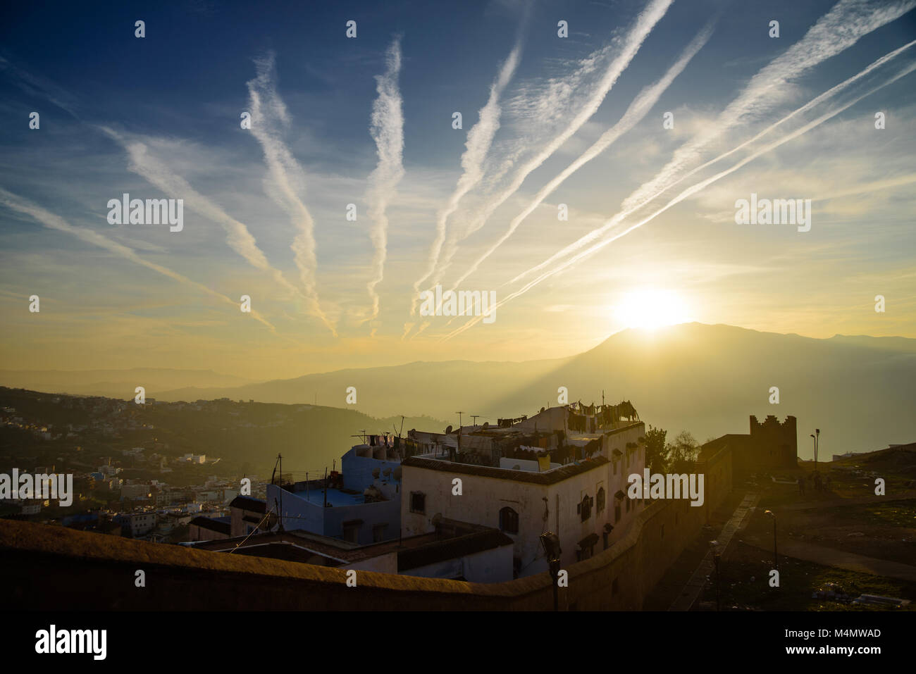 Sunset in Chefchaouen, the blue city in the Morocco Stock Photo - Alamy