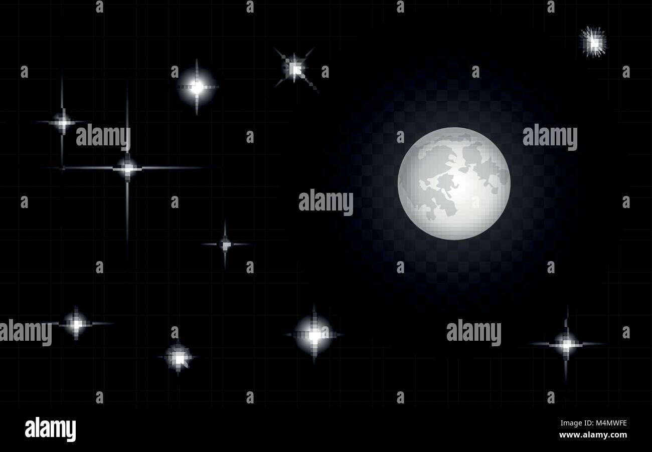 Set of light effects in the form of stars or suns and moon in the sky ...
