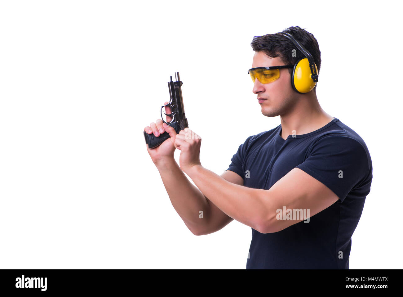 Man doing sport shooting from gun isolated on white Stock Photo - Alamy