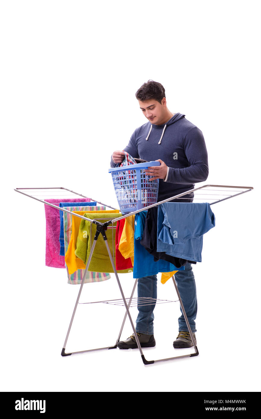Husband man doing laundry isolated on white Stock Photo - Alamy