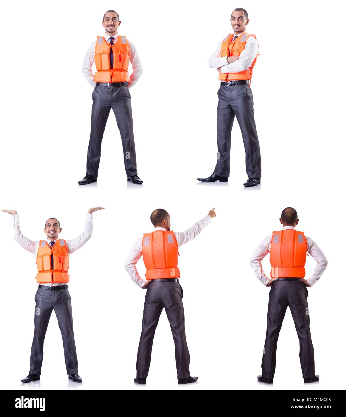 Man in life jacket isolated on white Stock Photo - Alamy