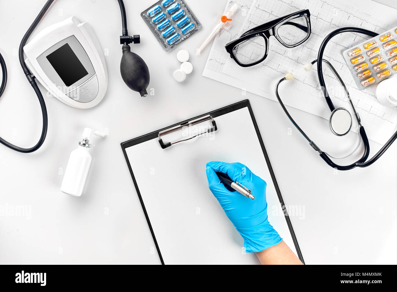 Doctor s table, tools, medical instruments, therapist tonometer, blood ...