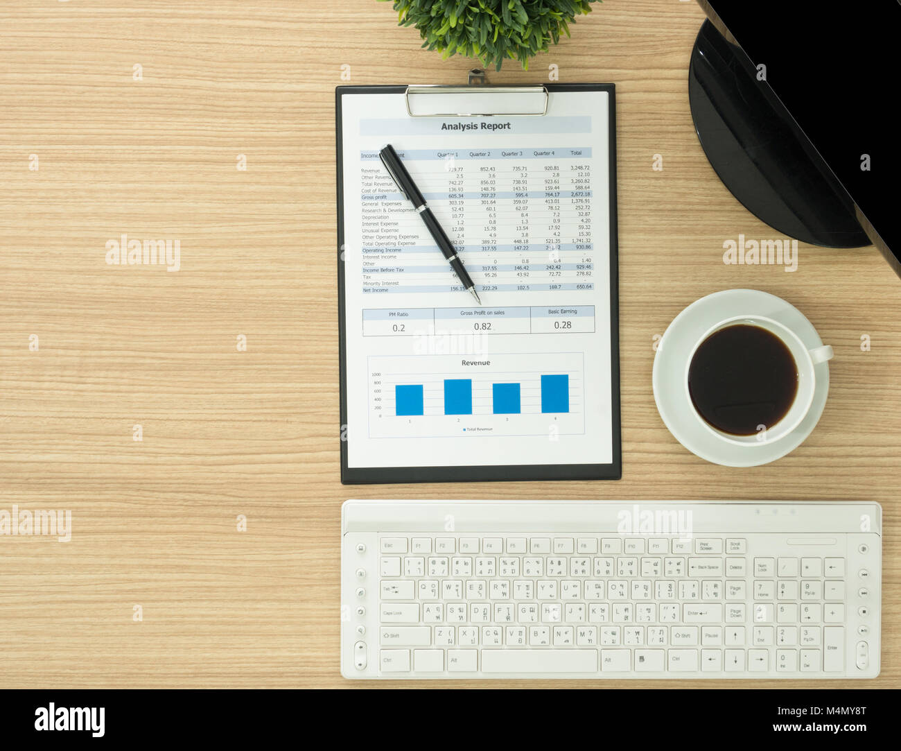 Office table with computer and report. above view and free space for ...