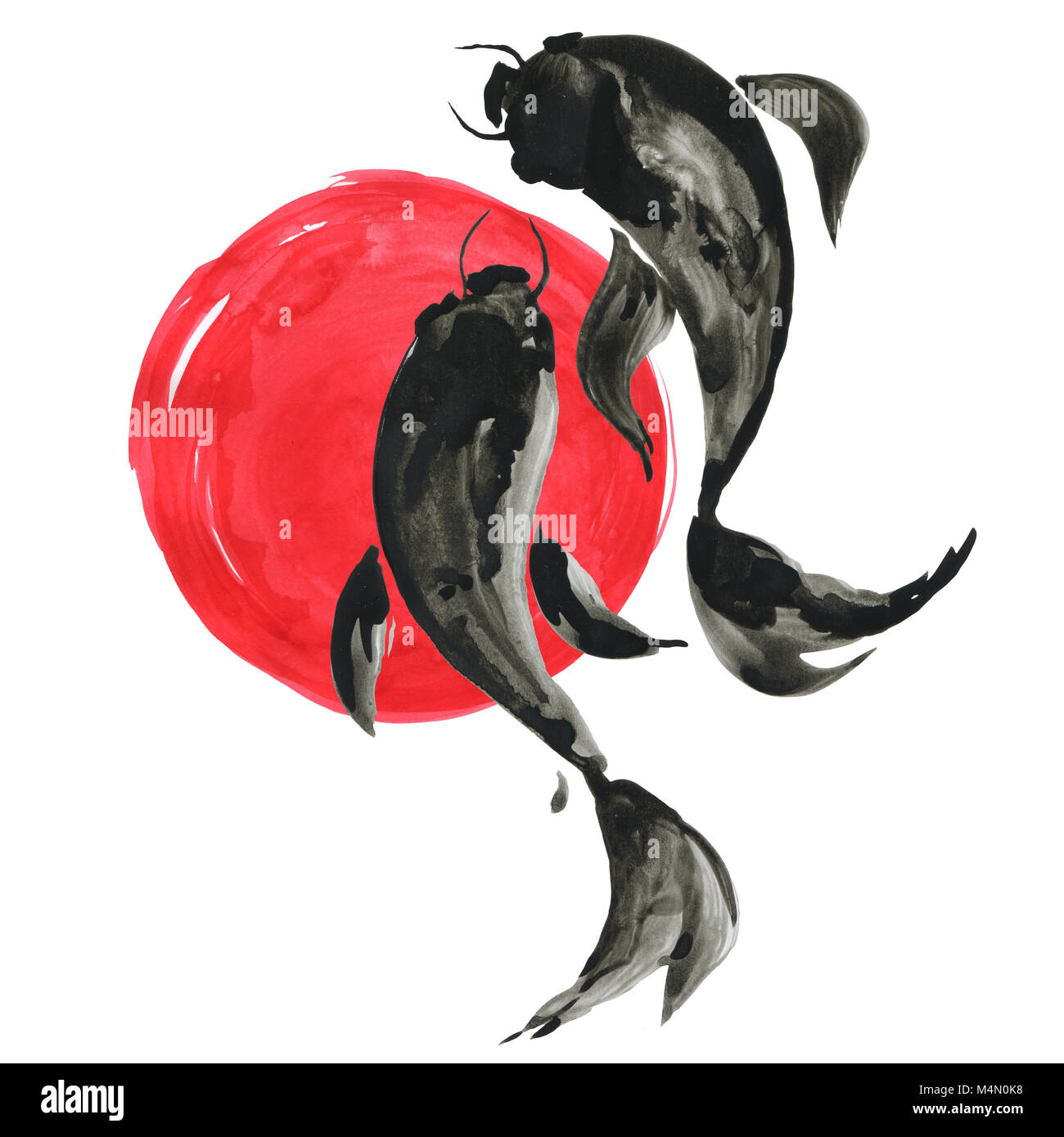 Koi fishes and red sun in Japanese style. Watercolor illustration Stock ...