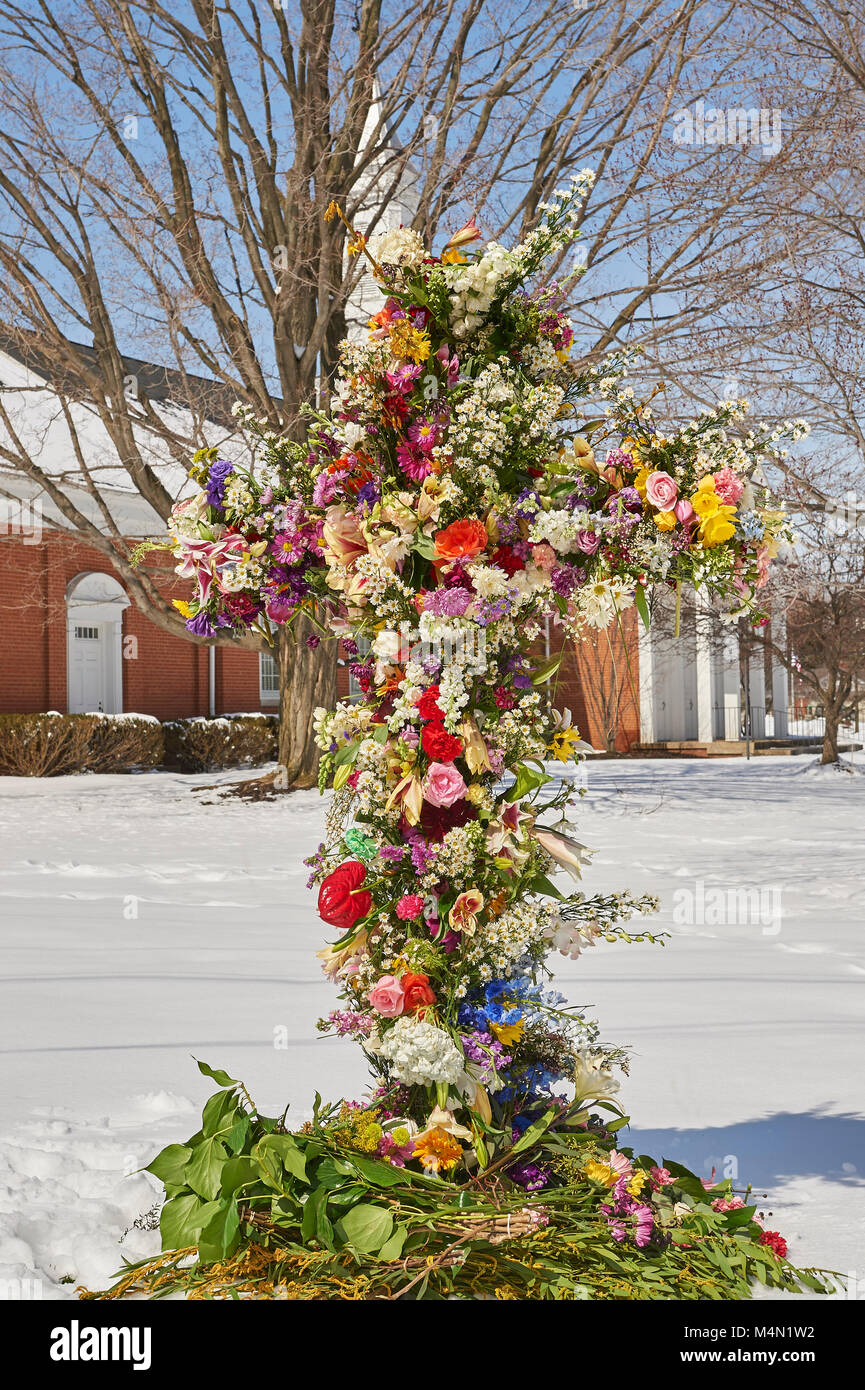 Easter crucifixion cross made of flowers on church lawn Stock Photo - Alamy