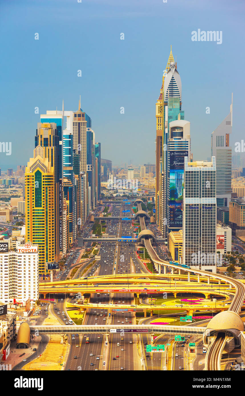 Dubai downtown view and Sheikh Zayed road, United Arab Emirates Stock ...