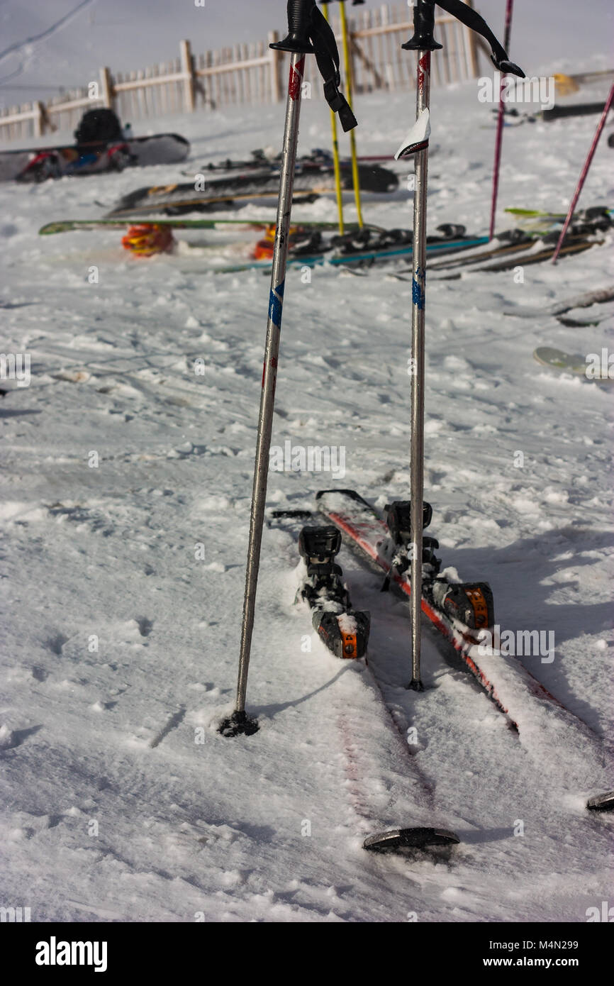 skis and standing ski poles Stock Photo - Alamy