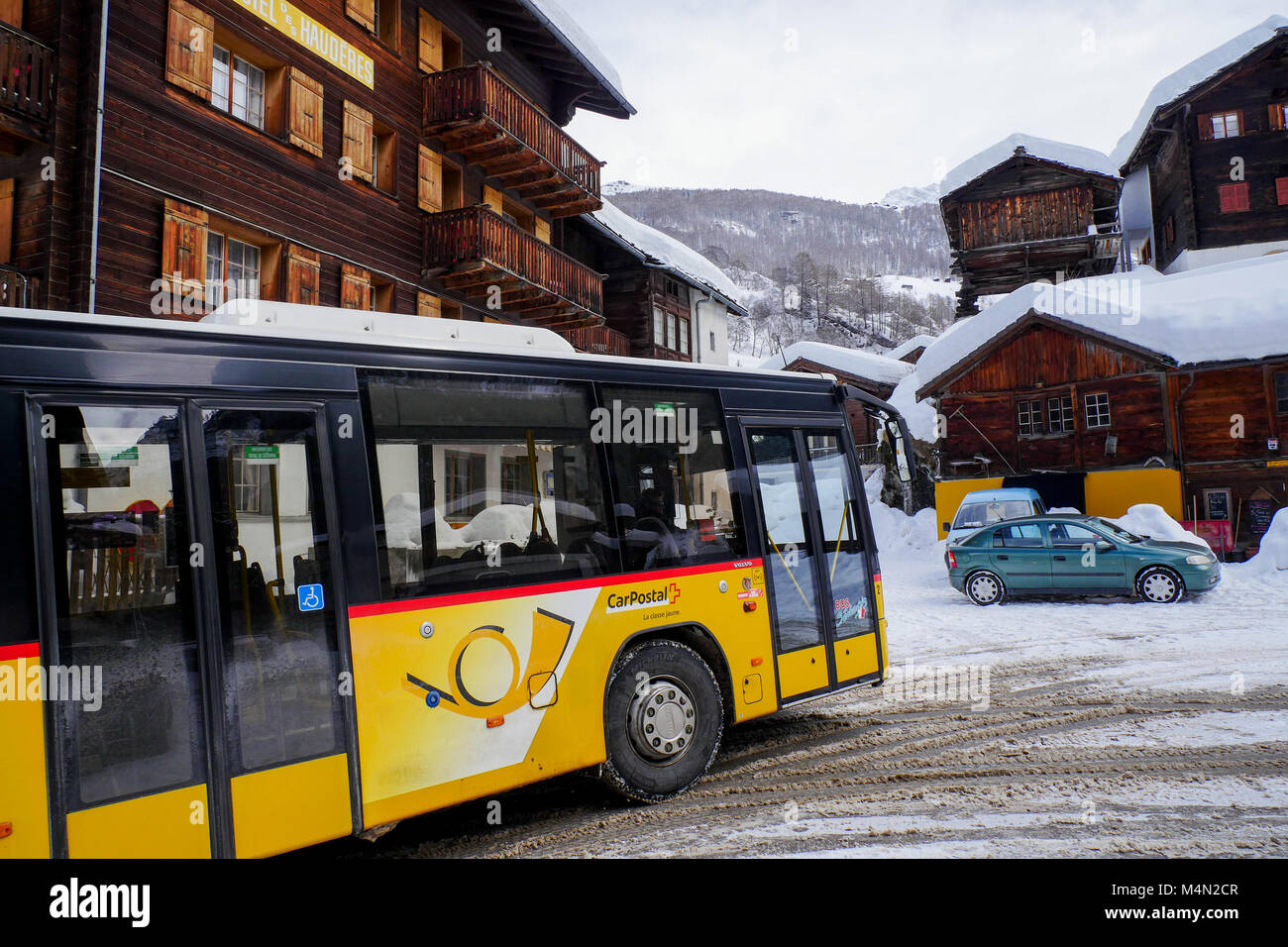 Swiss Post bus at Les Hauderes bus stop, Val d'Herens, Valais district ...