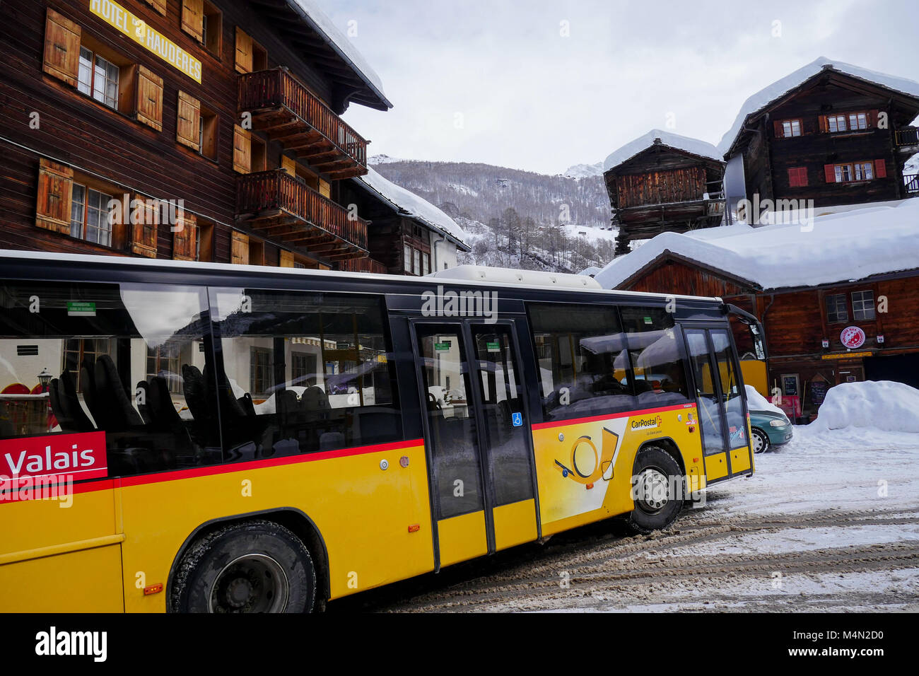Swiss Post bus at Les Hauderes bus stop, Val d'Herens, Valais district ...